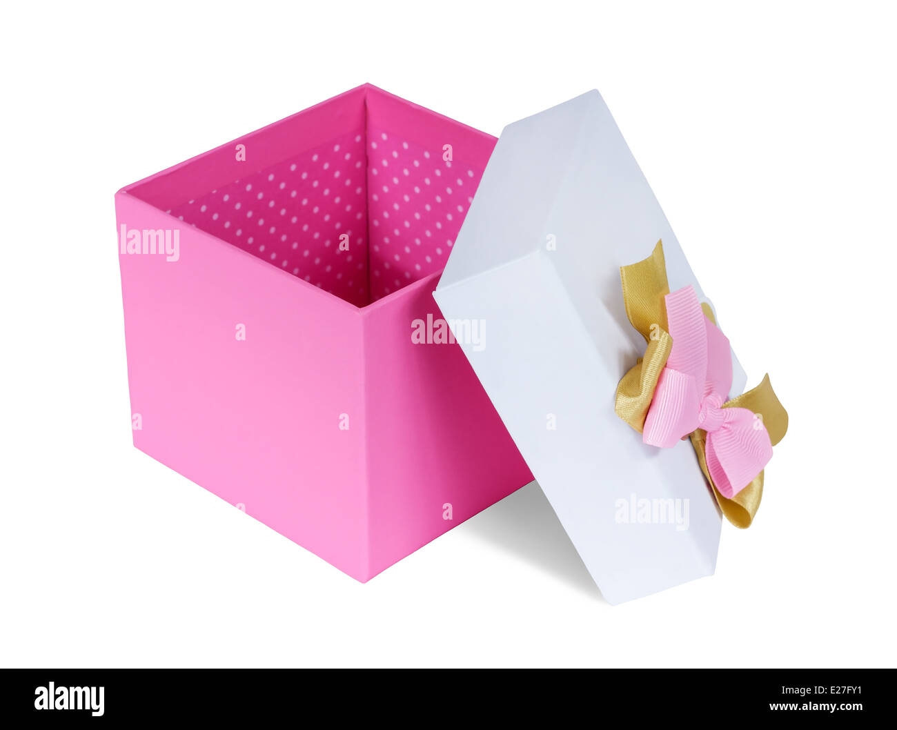 Open pink gift box with golden and pink bows isolated on white ...