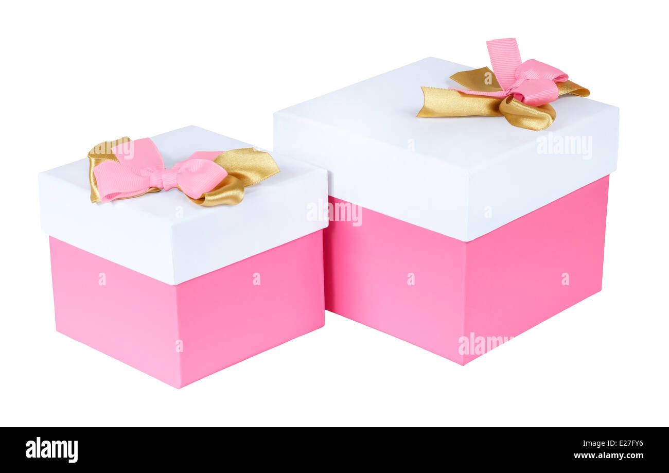 Two pink gift boxes with golden and pink bows isolated on white ...