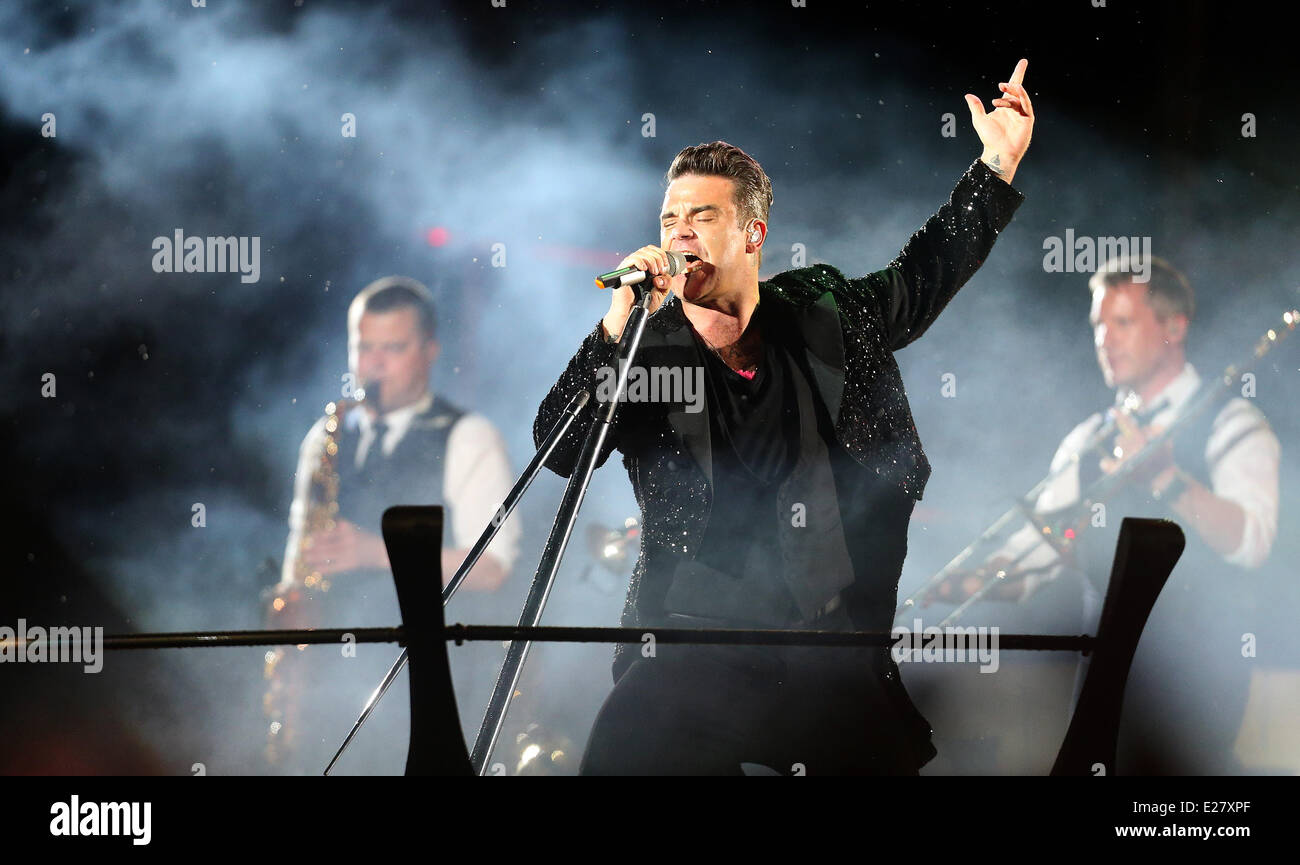 British singer Robbie Williams performs at the Maksimir Stadium during ...