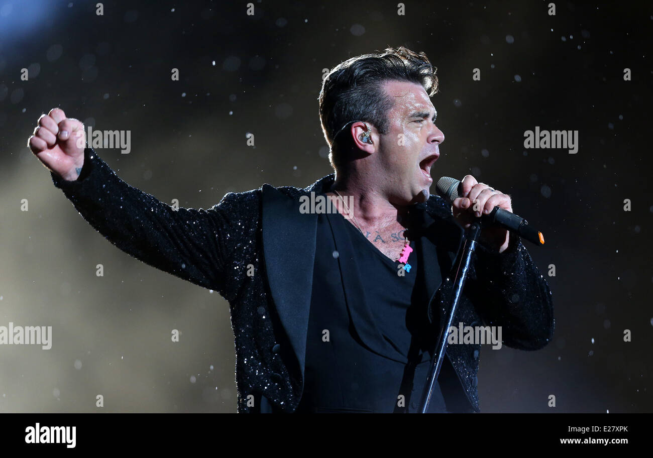 British singer Robbie Williams performs at the Maksimir Stadium during ...