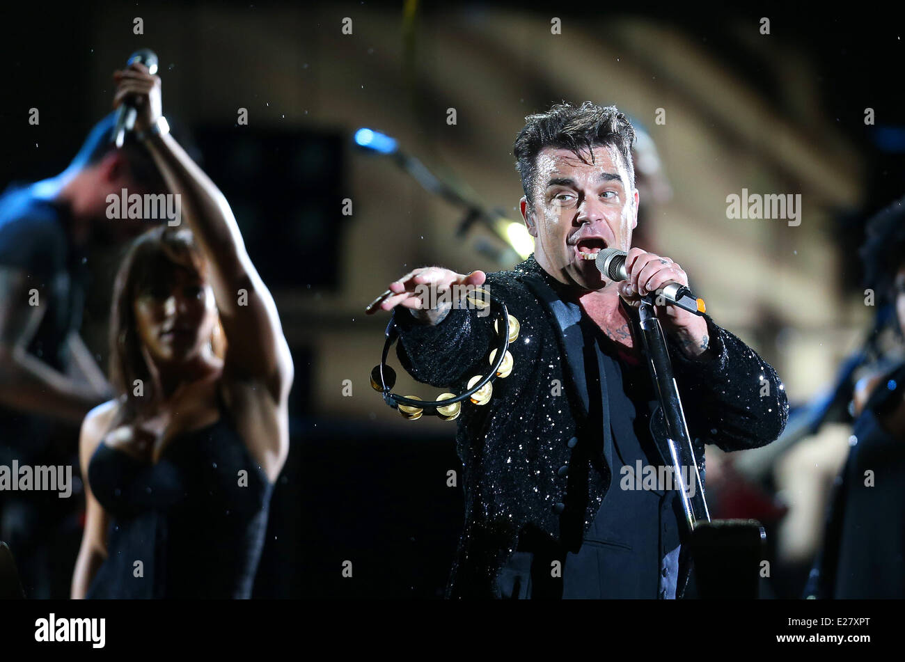 British singer Robbie Williams performs at the Maksimir Stadium during ...