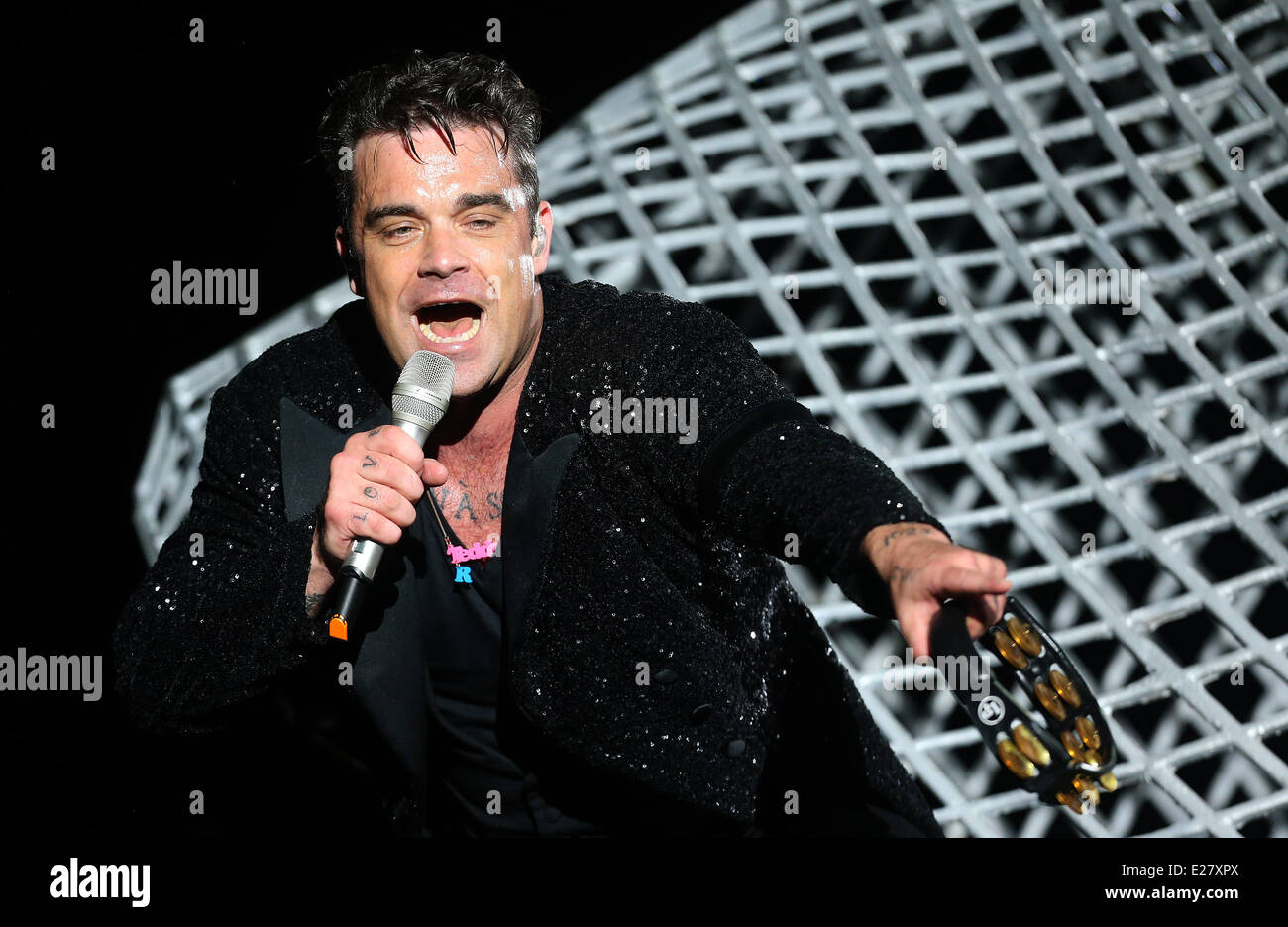 British singer Robbie Williams performs at the Maksimir Stadium during ...