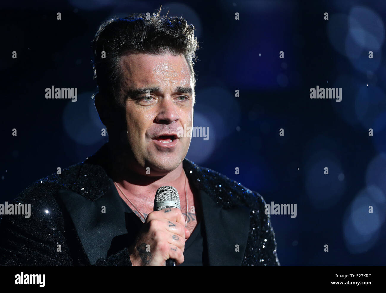 British singer Robbie Williams performs at the Maksimir Stadium during ...