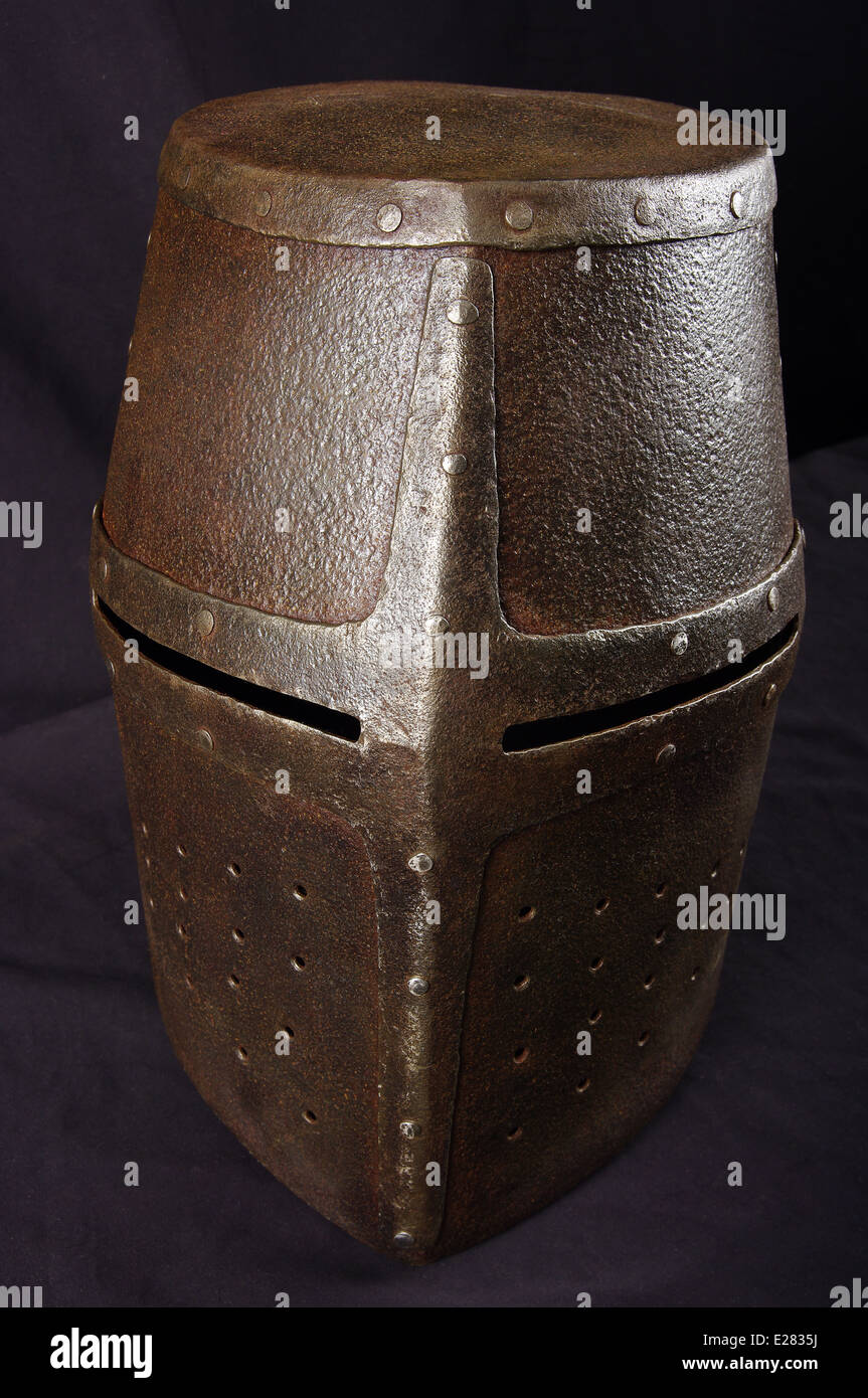Iron helmet of the medieval knight. Very heavy headdress Stock Photo ...
