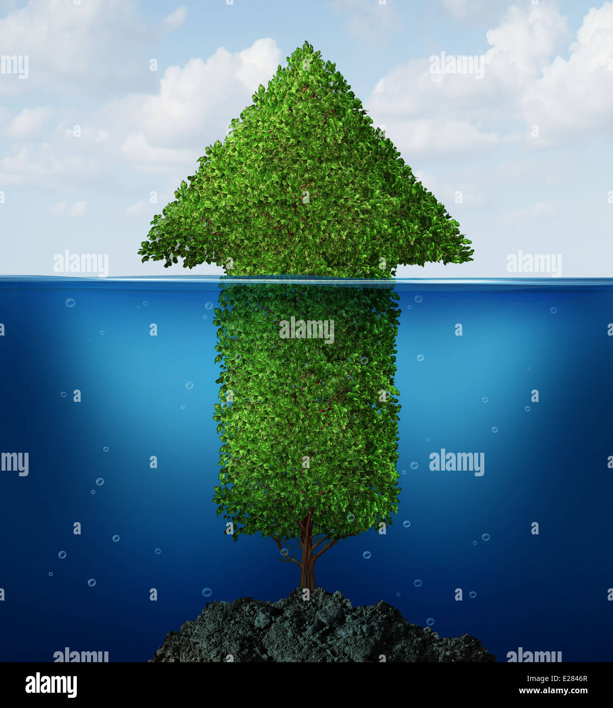 Business recovery concept as an arrow tree drowning underwater emerging ...