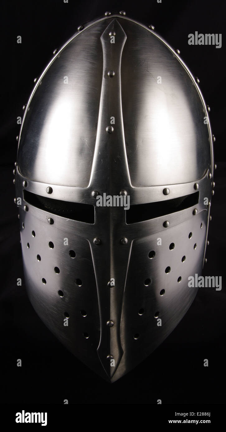 Iron helmet of the medieval knight. Very heavy headdress Stock Photo ...