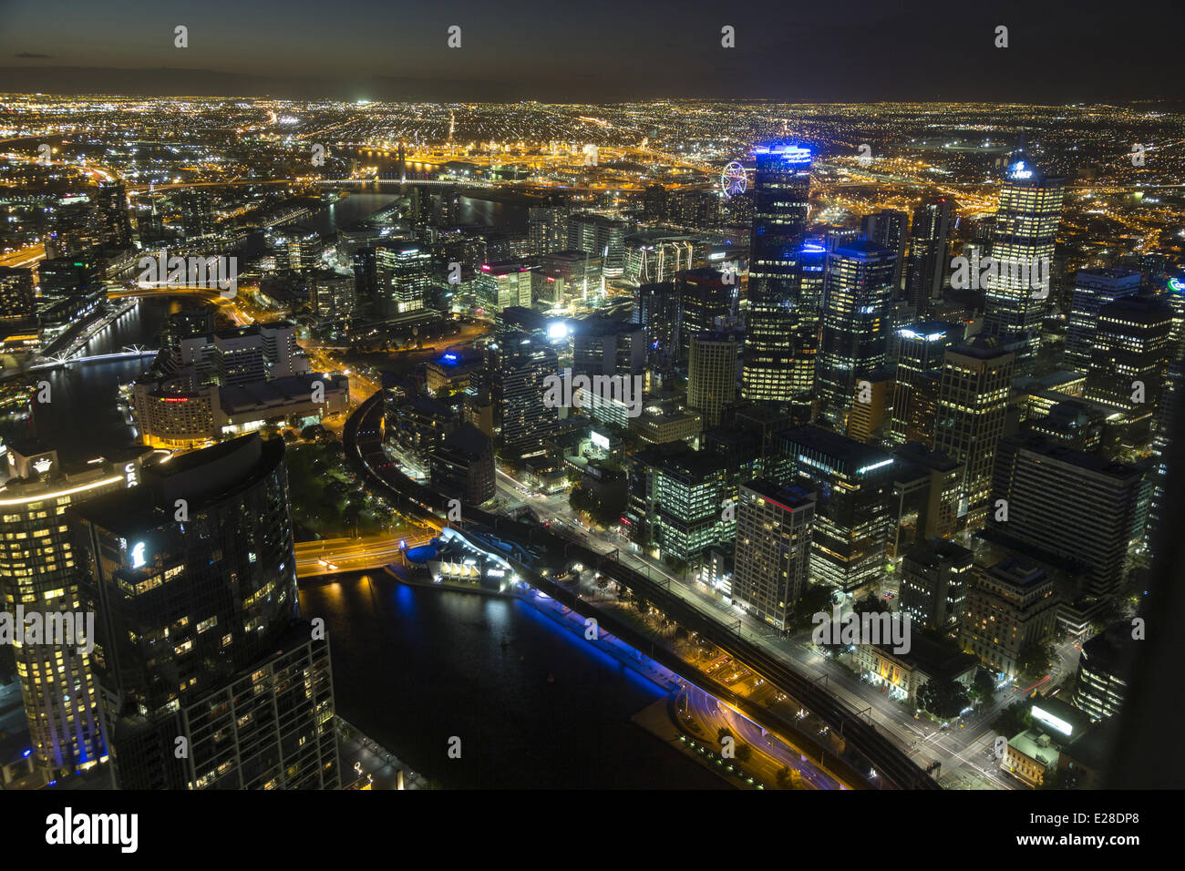View of river and city skyline at night, looking from Eureka Tower ...