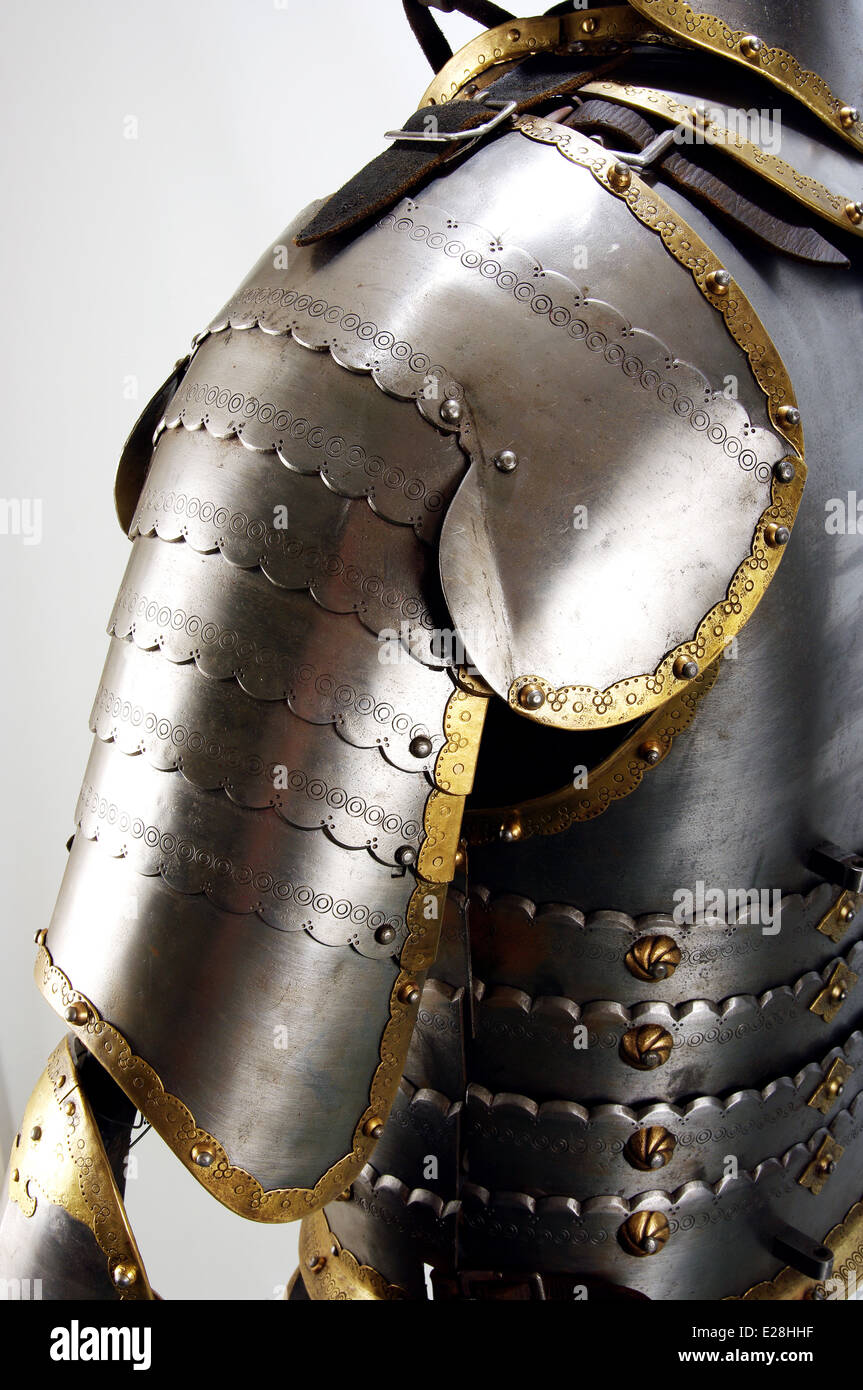 Armour of the medieval knight. Metal protection of the soldier against ...