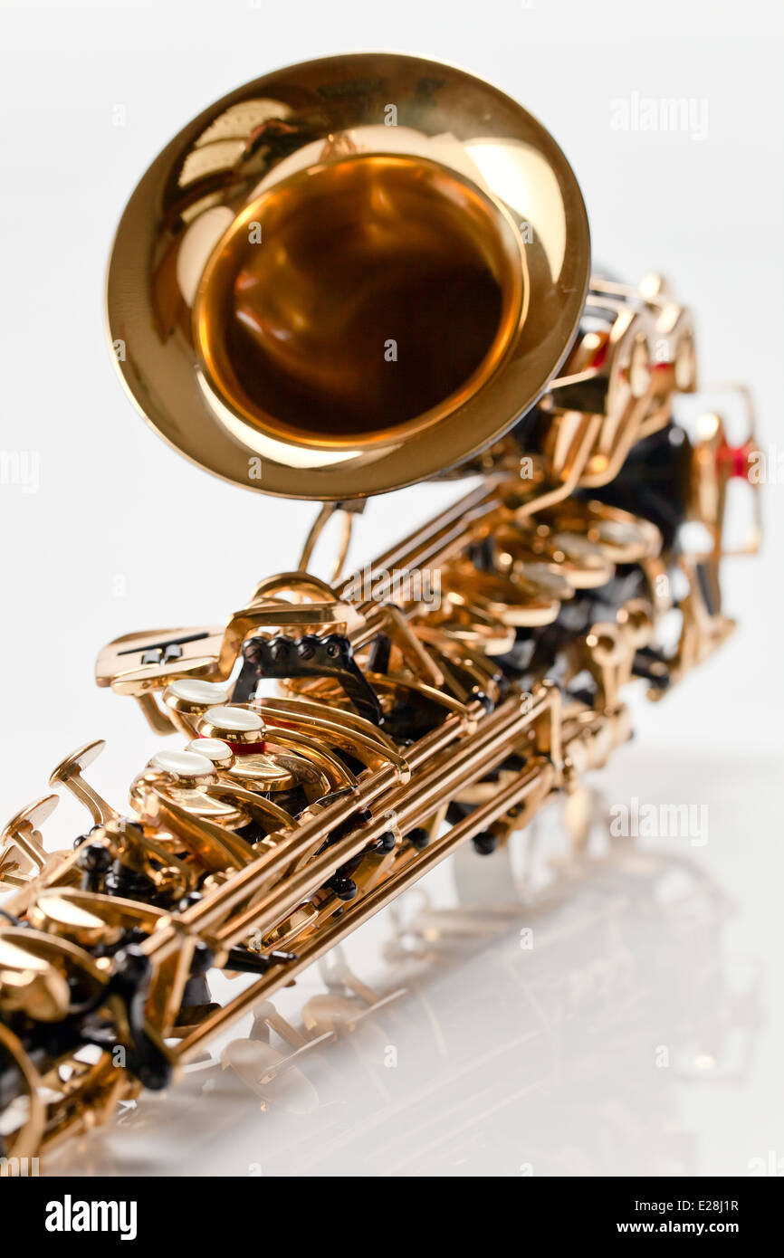 closeup of saxophone on white reflexive background Stock Photo - Alamy