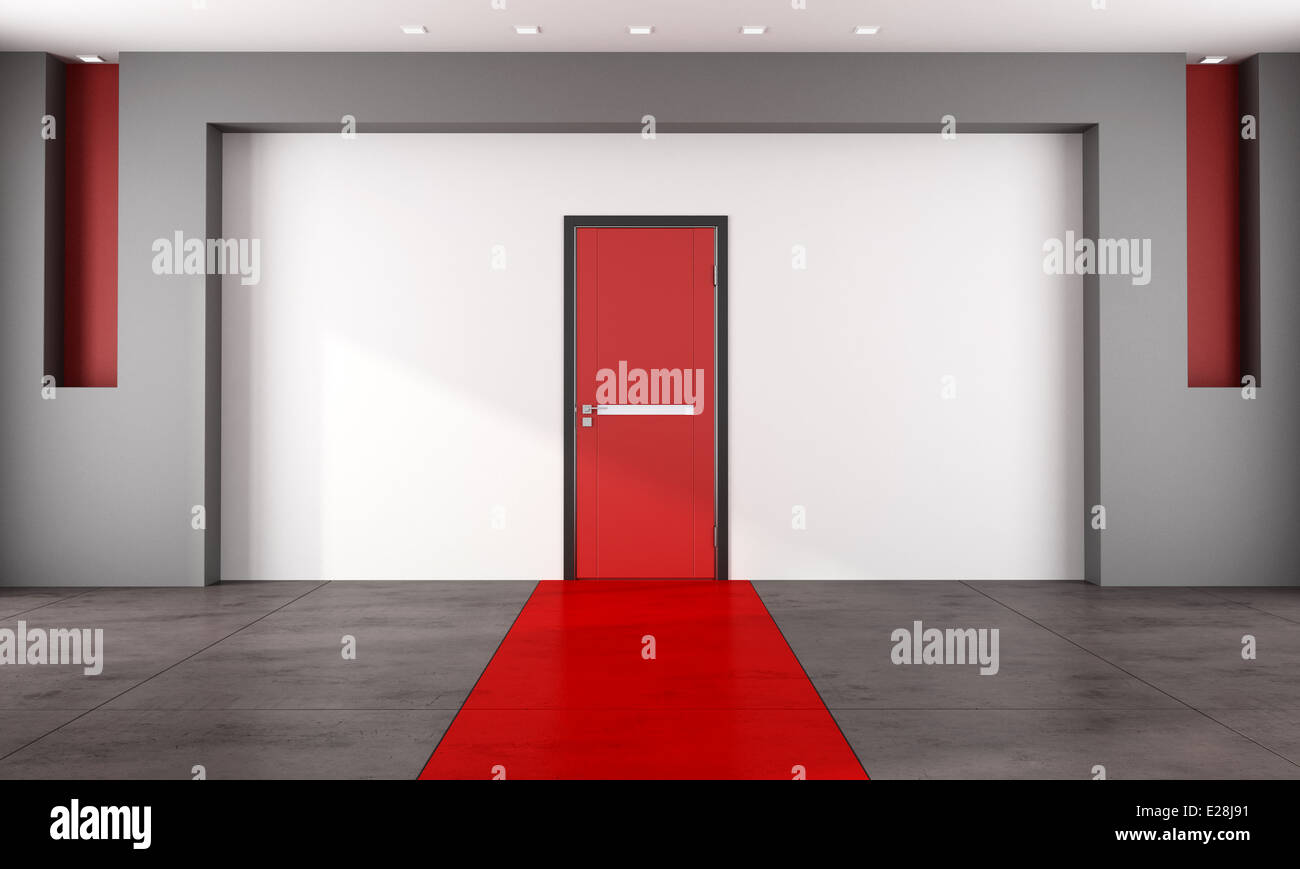 Empty room with red closed door,niche and concrete floor-rendering ...