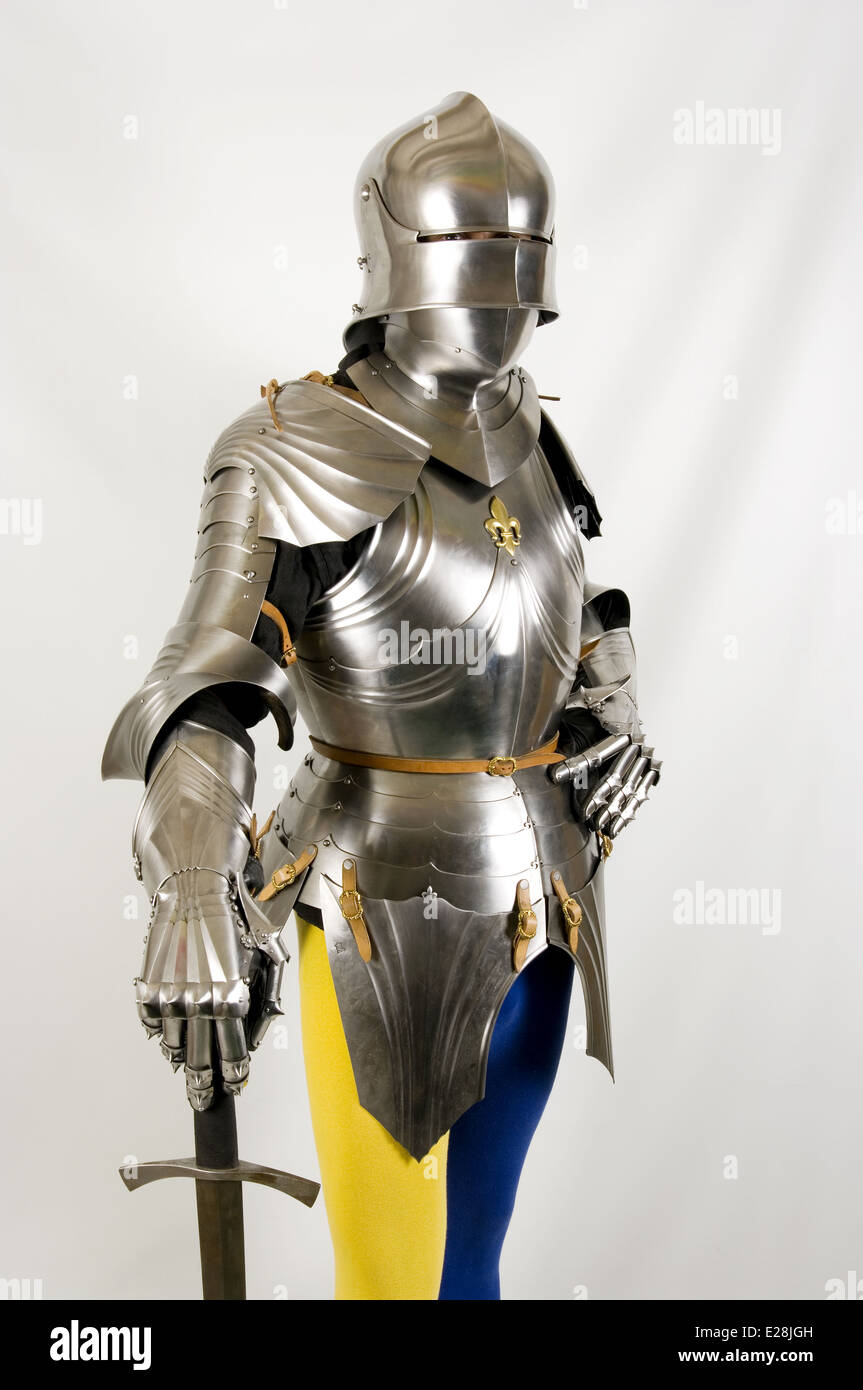 Armour of the medieval knight. Metal protection of the soldier against ...