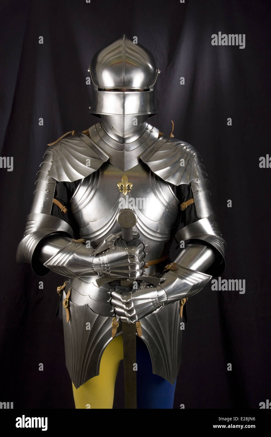 Armour of the medieval knight. Metal protection of the soldier against ...