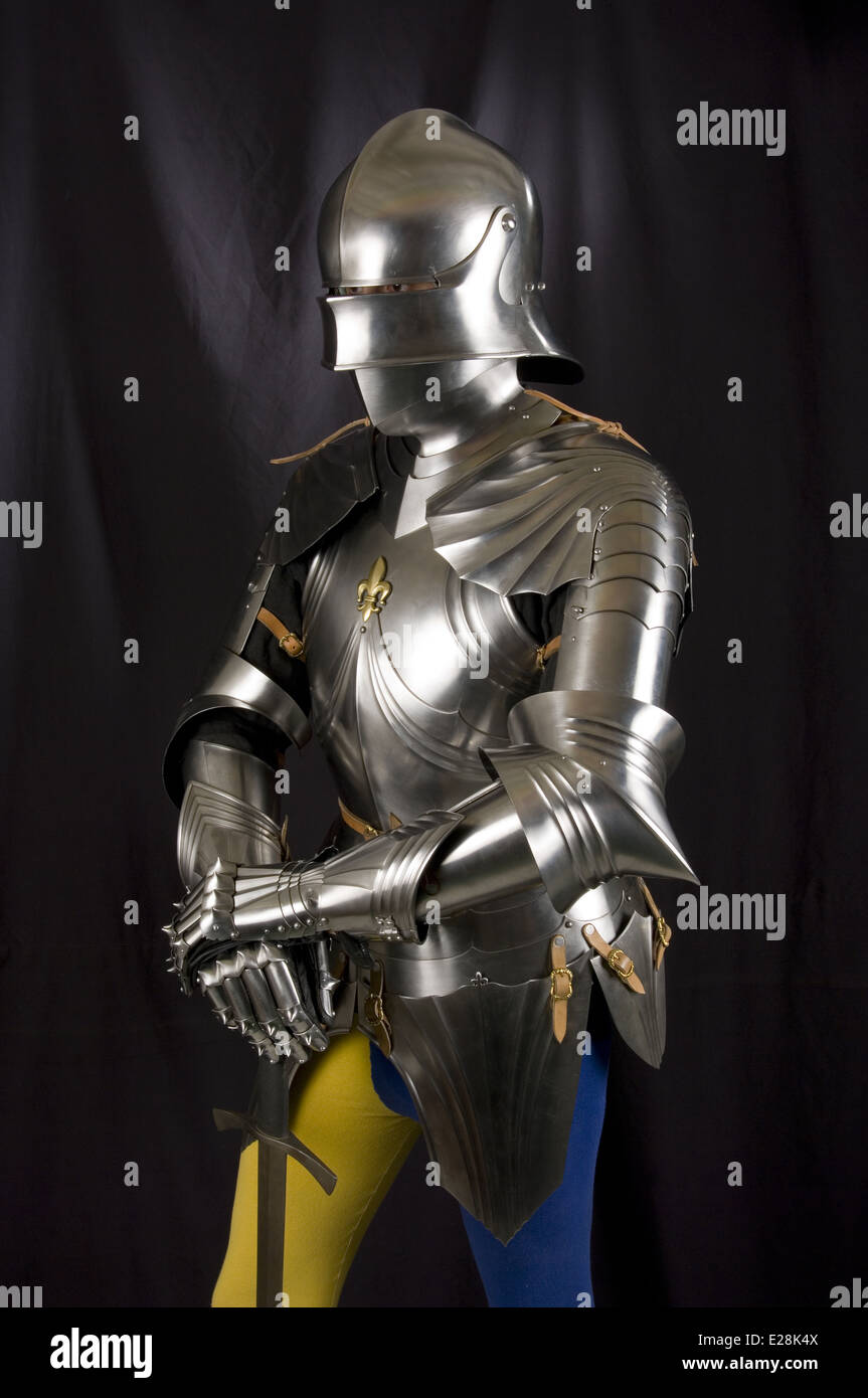 Armour of the medieval knight. Metal protection of the soldier against ...