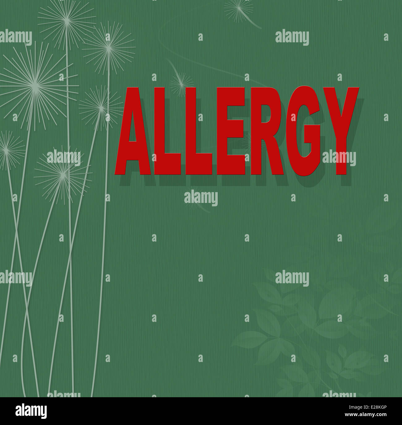 word ALLERGY writing on green background with dandelions made in 2d ...