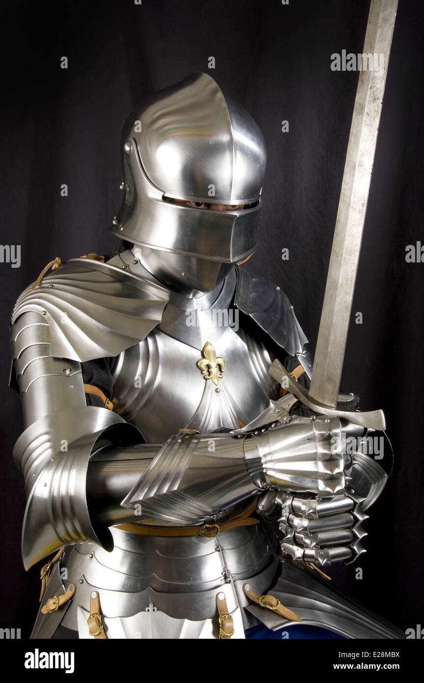 Armour of the medieval knight. Metal protection of the soldier against ...