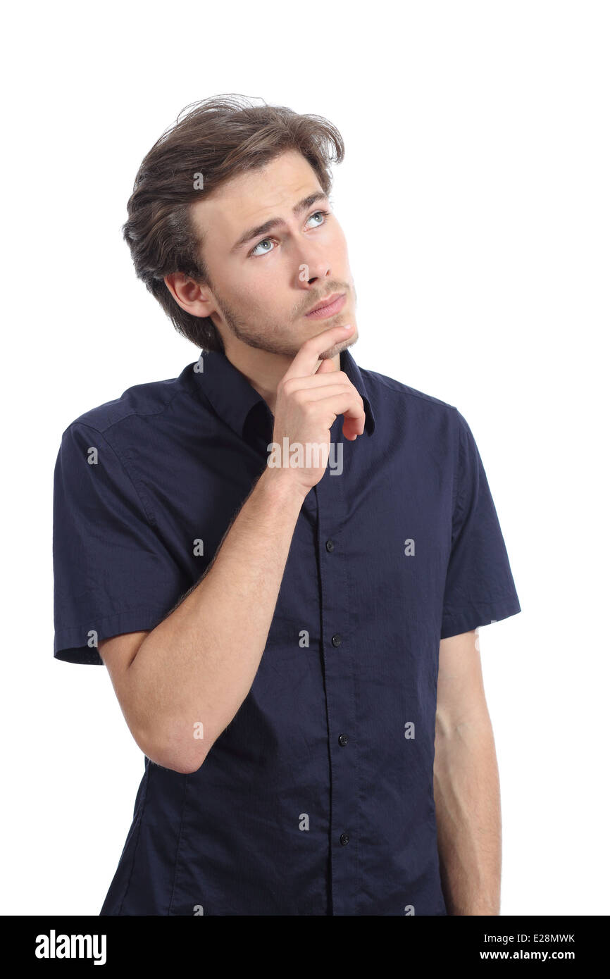 Handsome serious man thinking and looking at side isolated on a white ...