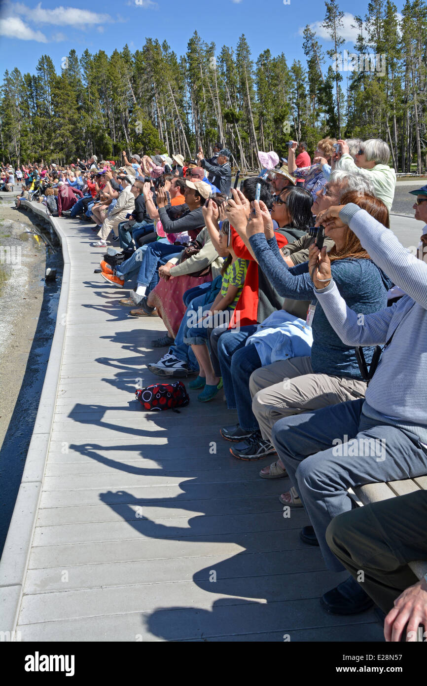 Tourists mostly using cell phone, take photos of Old Faithful Geyser ...