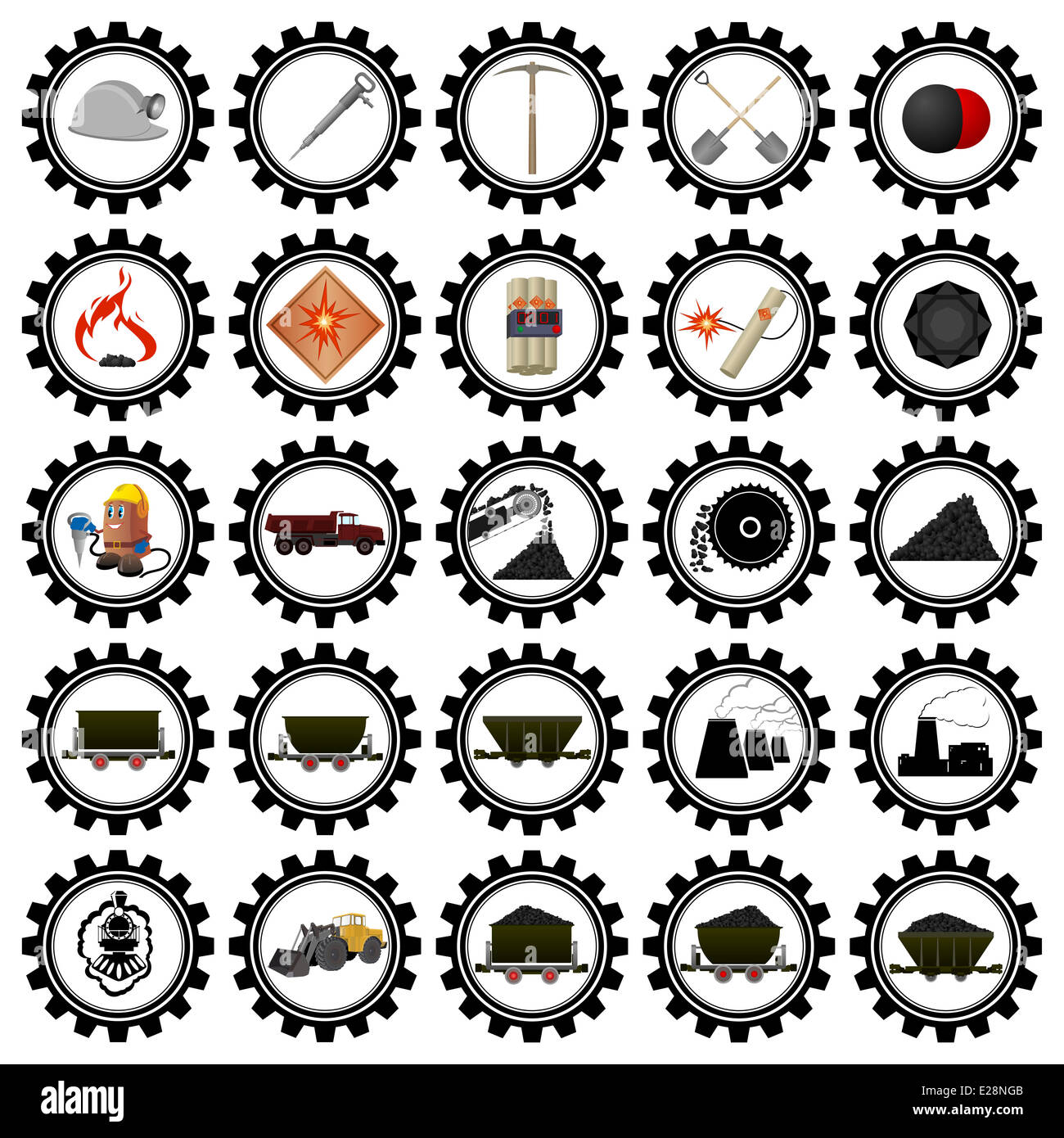 Set of badges and coal mining machinery. Illustration on white ...