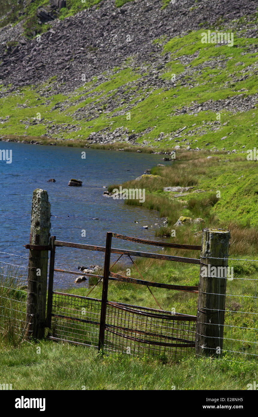 Metal gate at Manod Lake, Blaenau Ffestiniog Stock Photo - Alamy