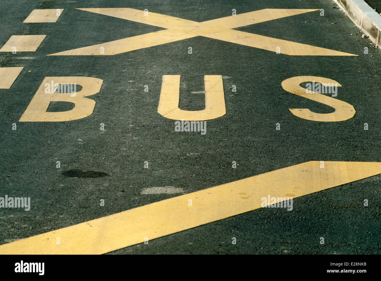 bus sign with yellow paint on asphalt Stock Photo - Alamy