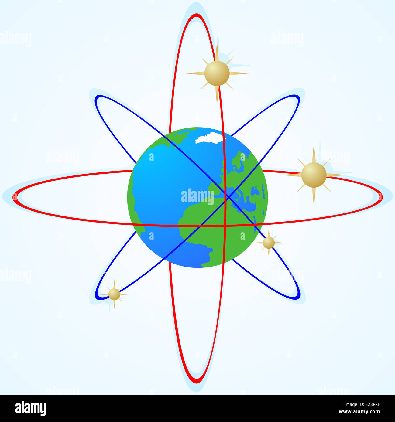 The motion of electrons around the Earth. Illustration on white ...
