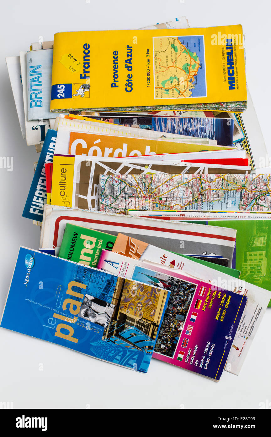 Maps - a pile of maps of countries and cities Stock Photo - Alamy