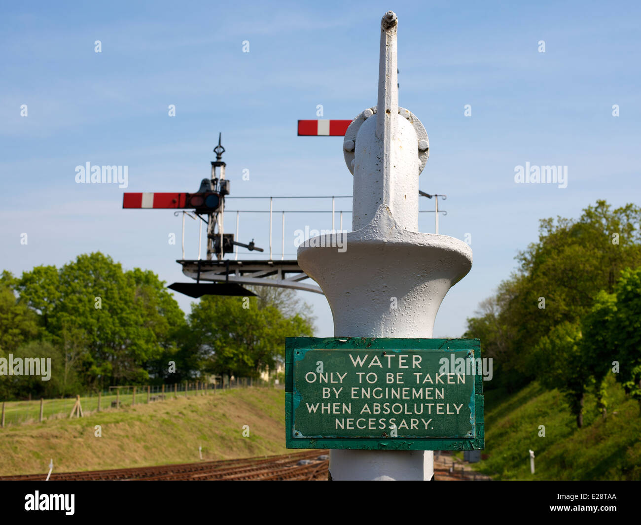 Signals and an engine water sign on a railway Stock Photo - Alamy