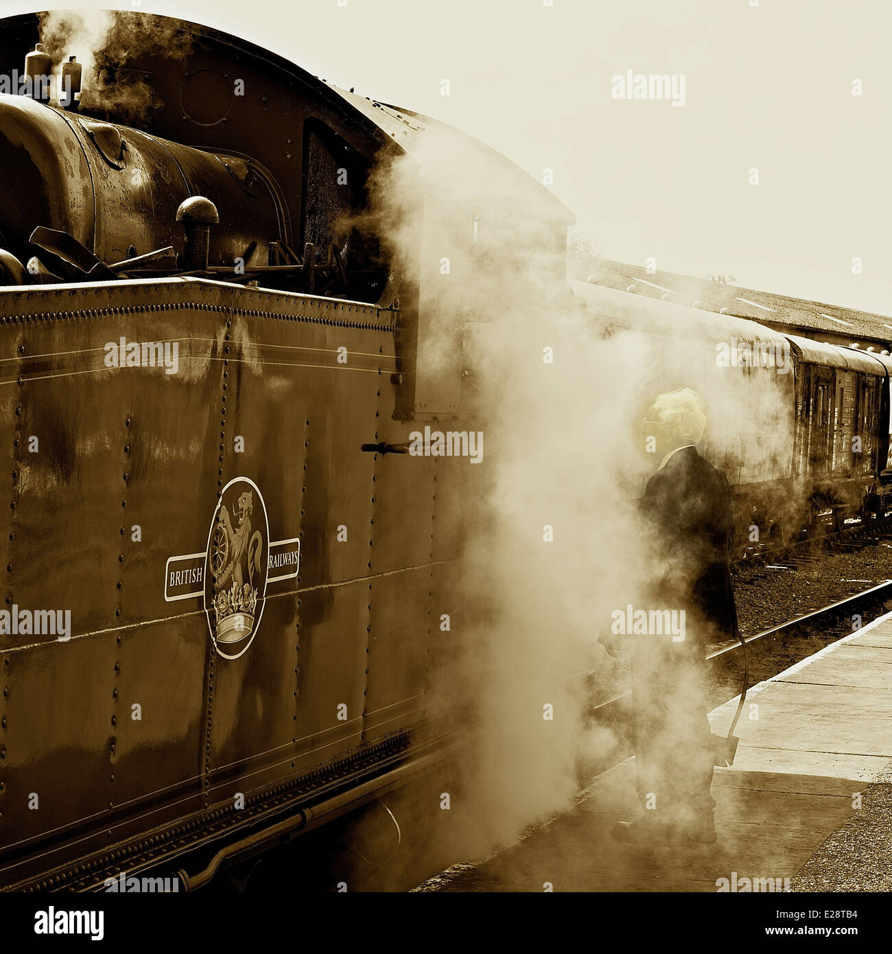 A guard standing in the steam of steam locomotive Stock Photo - Alamy