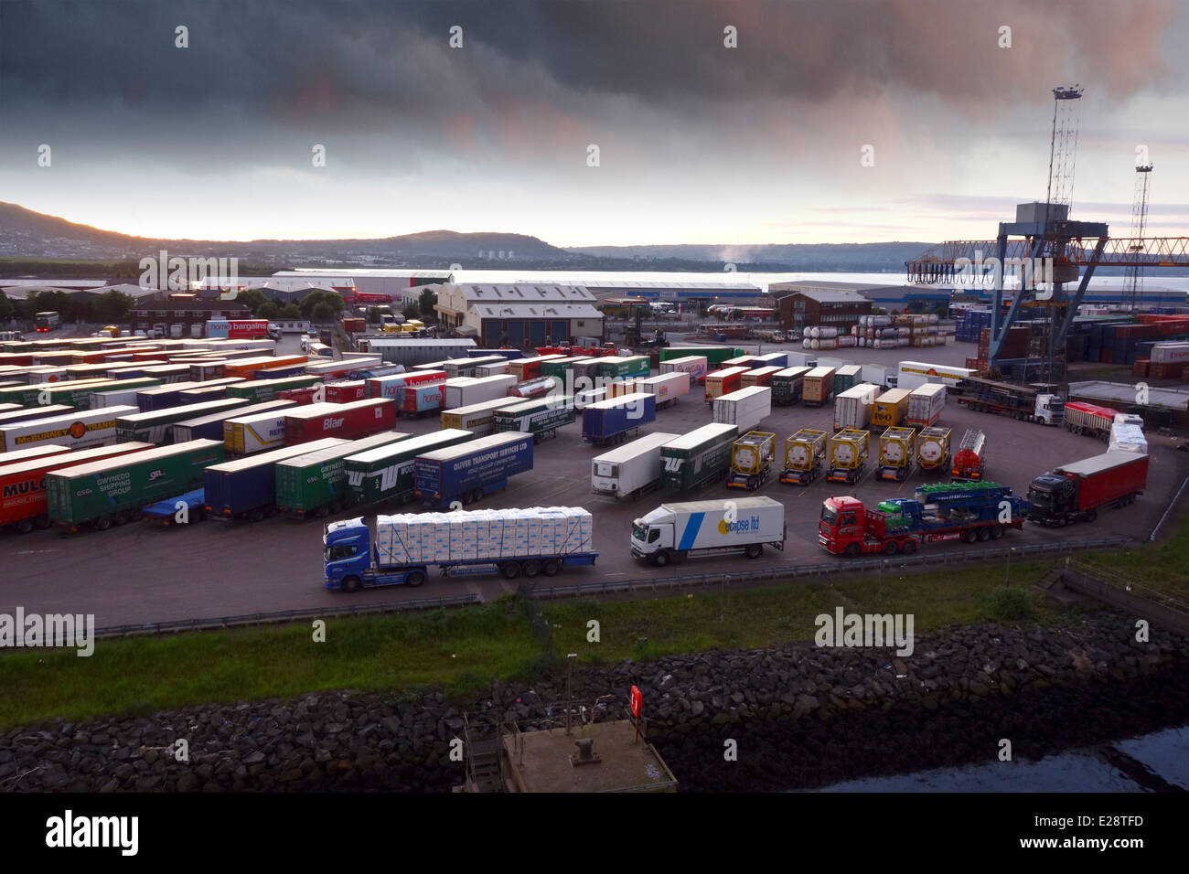 Lorrys lorries waiting for ferry Port of Belfast docks Stock Photo - Alamy