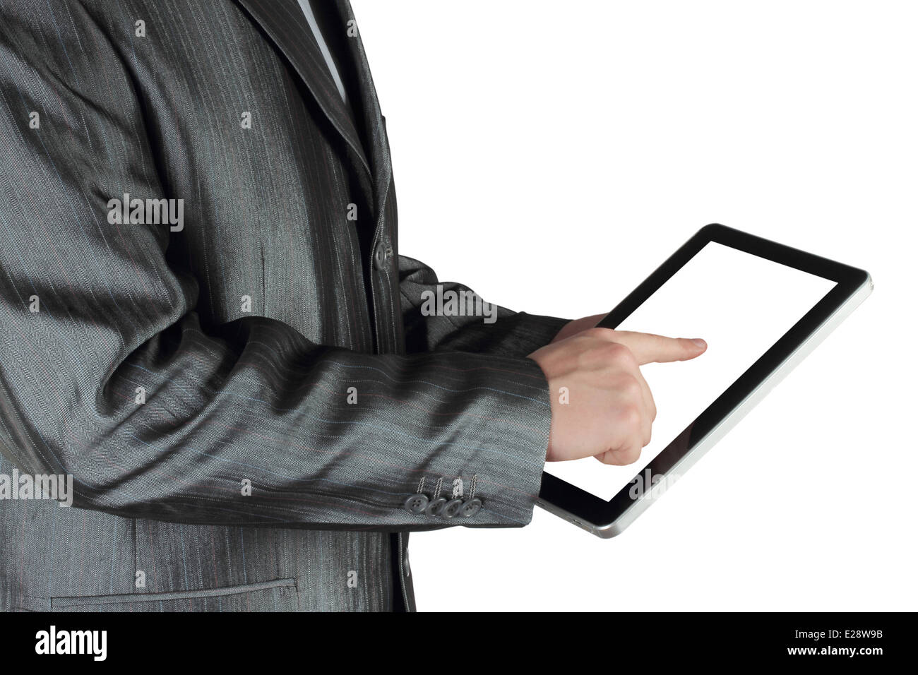 Businessman using touch screen device on white background Stock Photo ...