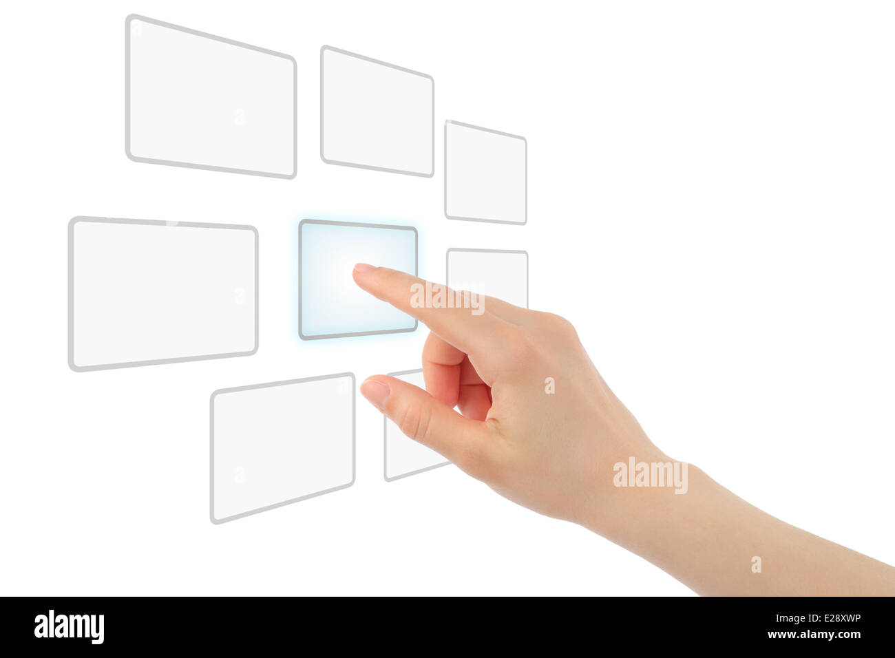 Woman hand using touch screen interface on white background Stock Photo ...