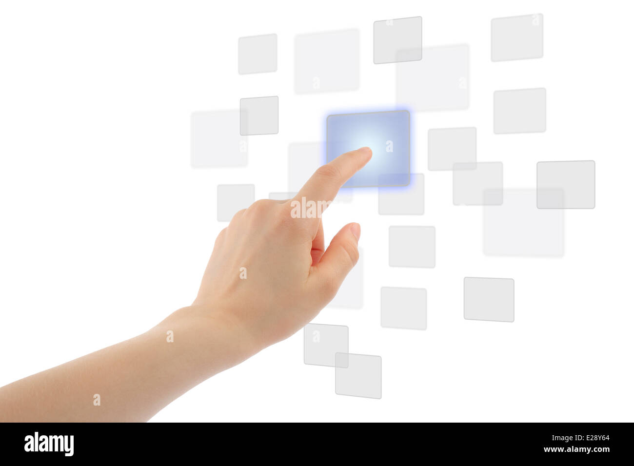 Woman hand using touch screen interface on white background Stock Photo ...