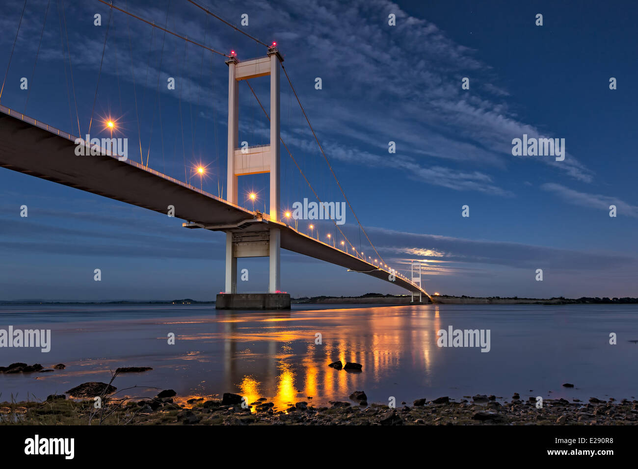 View of road bridge and full moon rising, Severn Bridge (First Severn ...