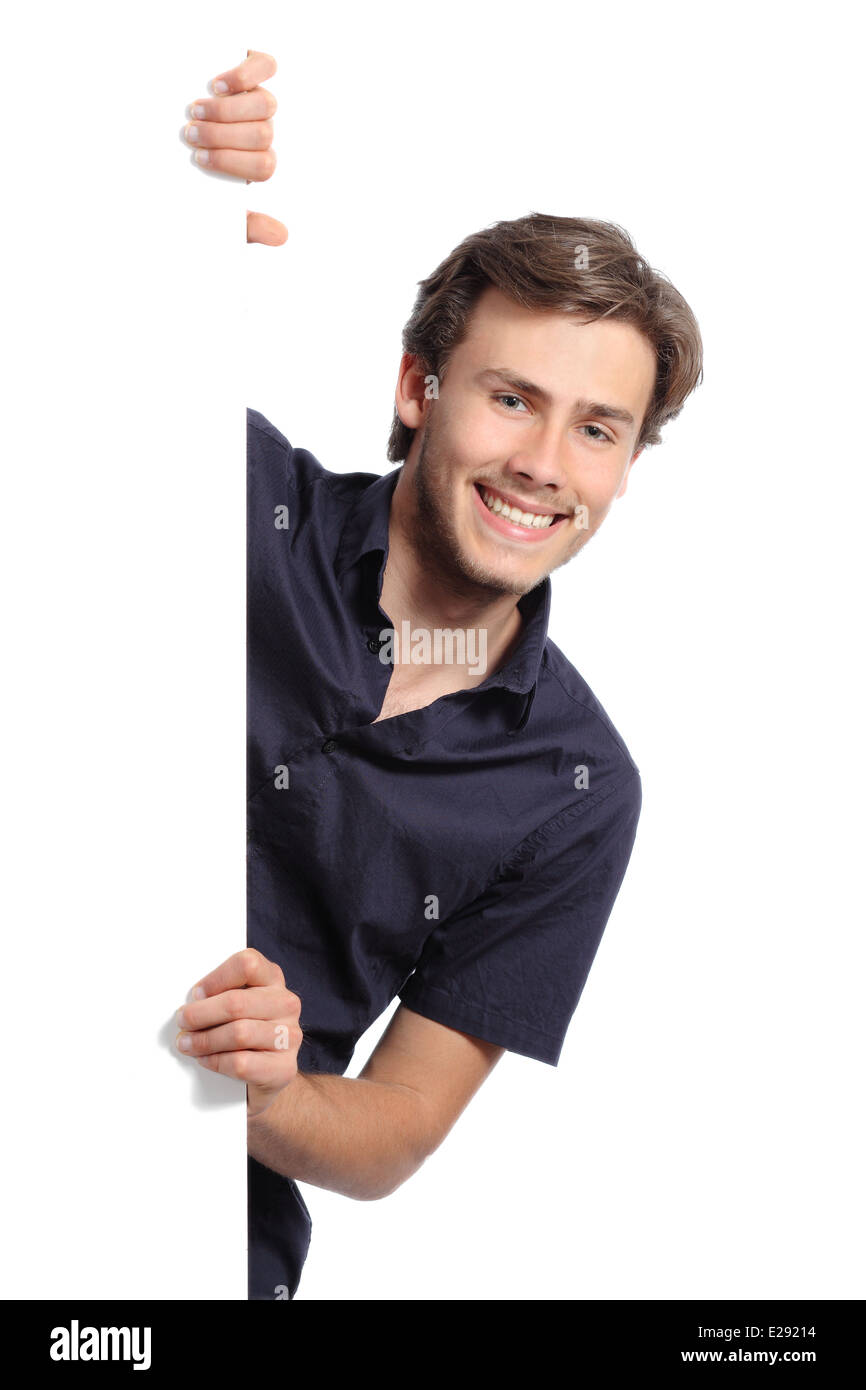 Young promoter man holding a blank banner isolated on a white ...