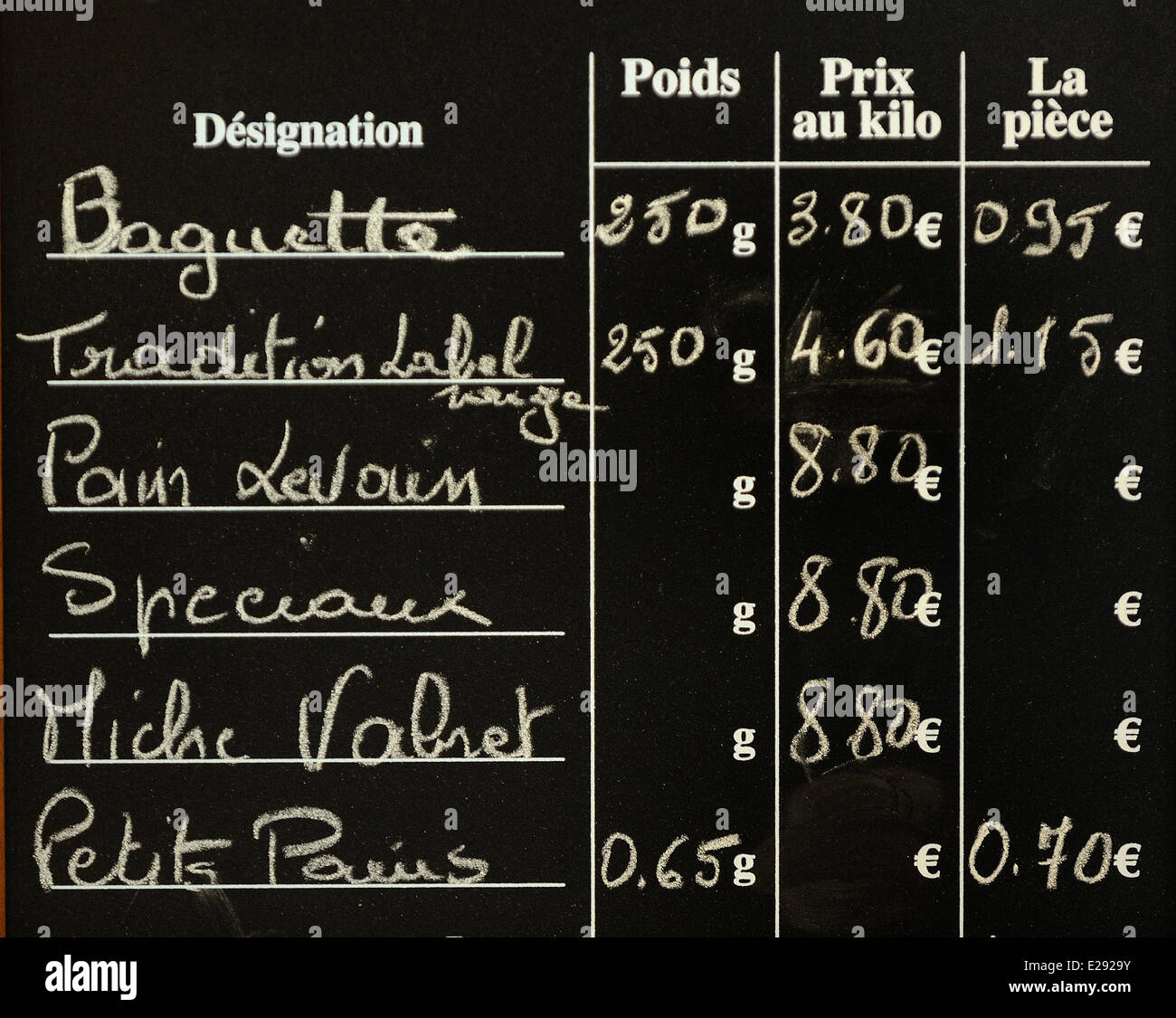 France, Paris, Marais district, Traditional bakery, Bread prices Stock ...