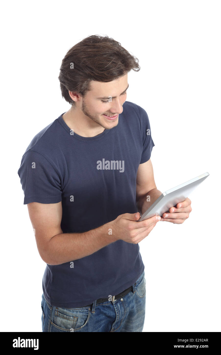 Top view of a man reading a tablet reader isolated on a white ...
