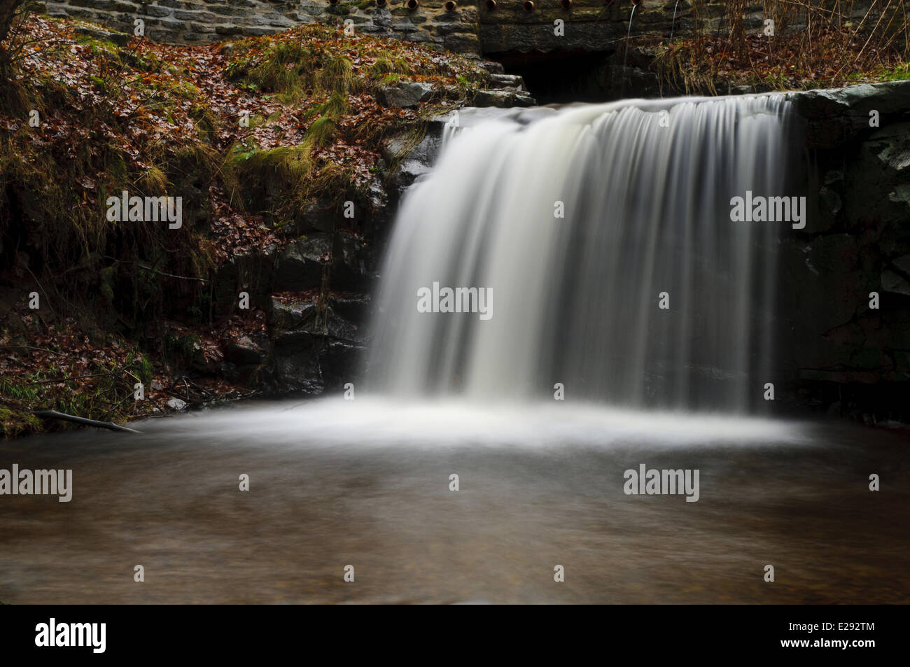 Waterfall and river in woodland with fallen leaves, Blow Gill, near ...