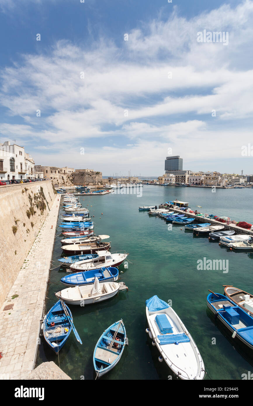 Harbour, old city walls in historic centre of Gallipoli, Puglia, Italy ...