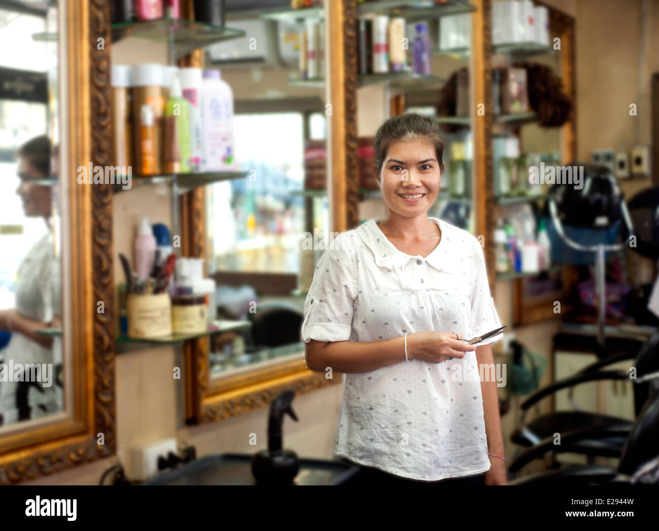 Bangkok Thailand 2014 - A Female hairdresser in her salon shop Stock ...