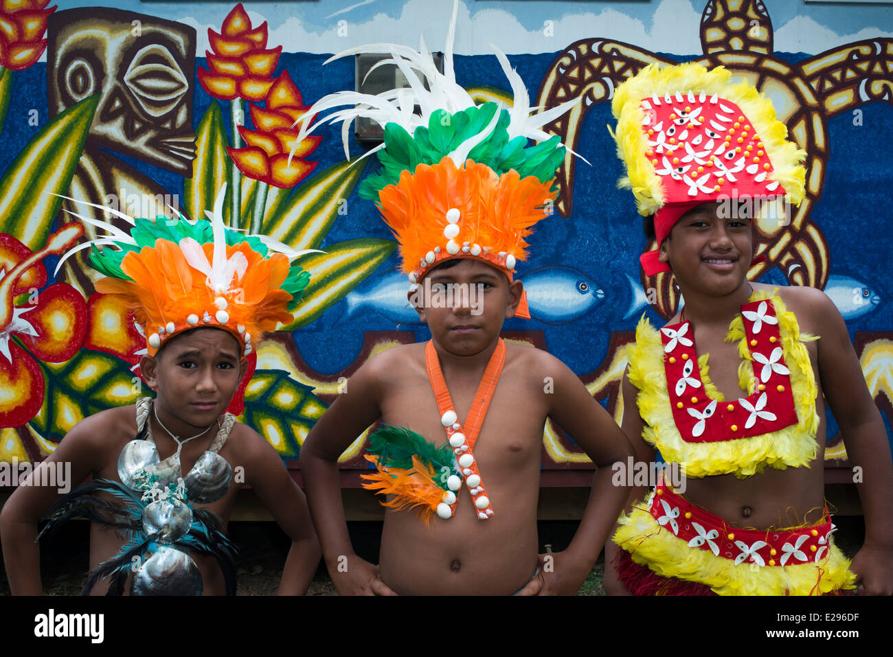 Rarotonga Island. Cook Island. Polynesia. A group of children dressed ...