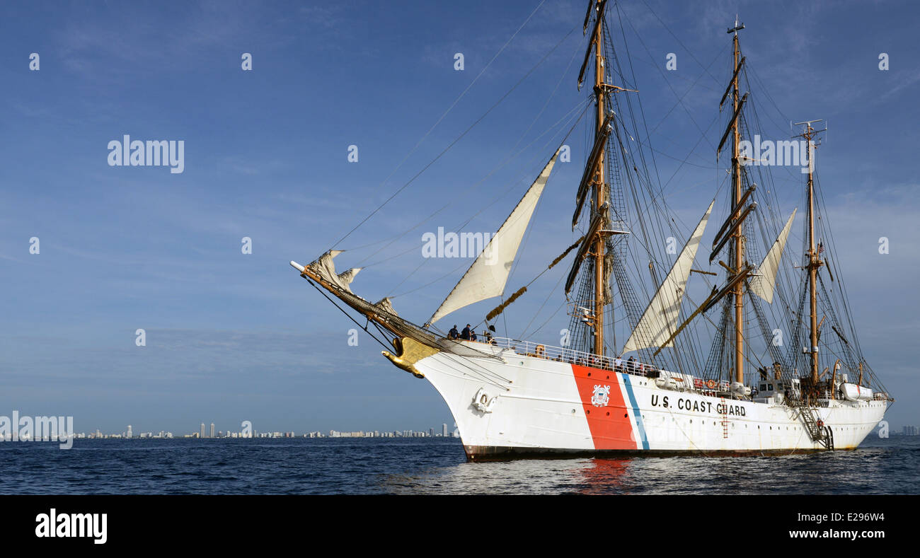 US Coast Guard tall sailing ship Barque Eagle arrives off the coast of ...
