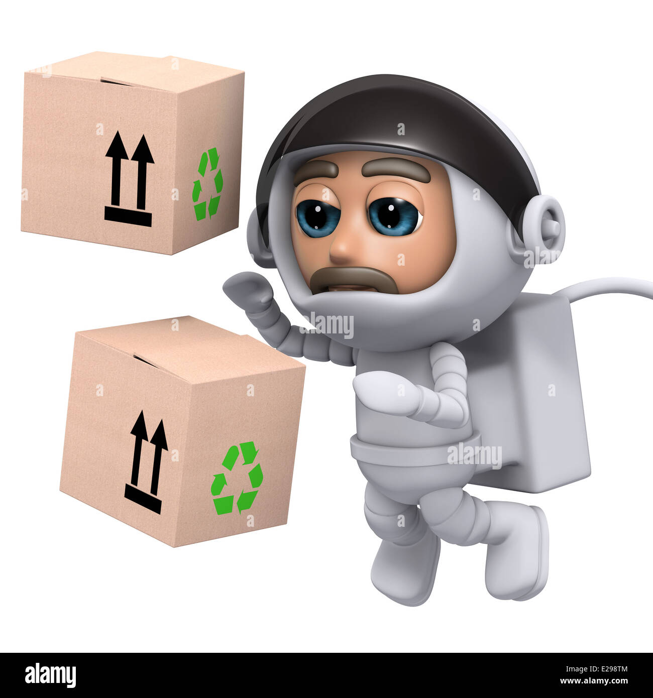 3d Astronaut floating in space with cardboard boxes Stock Photo - Alamy