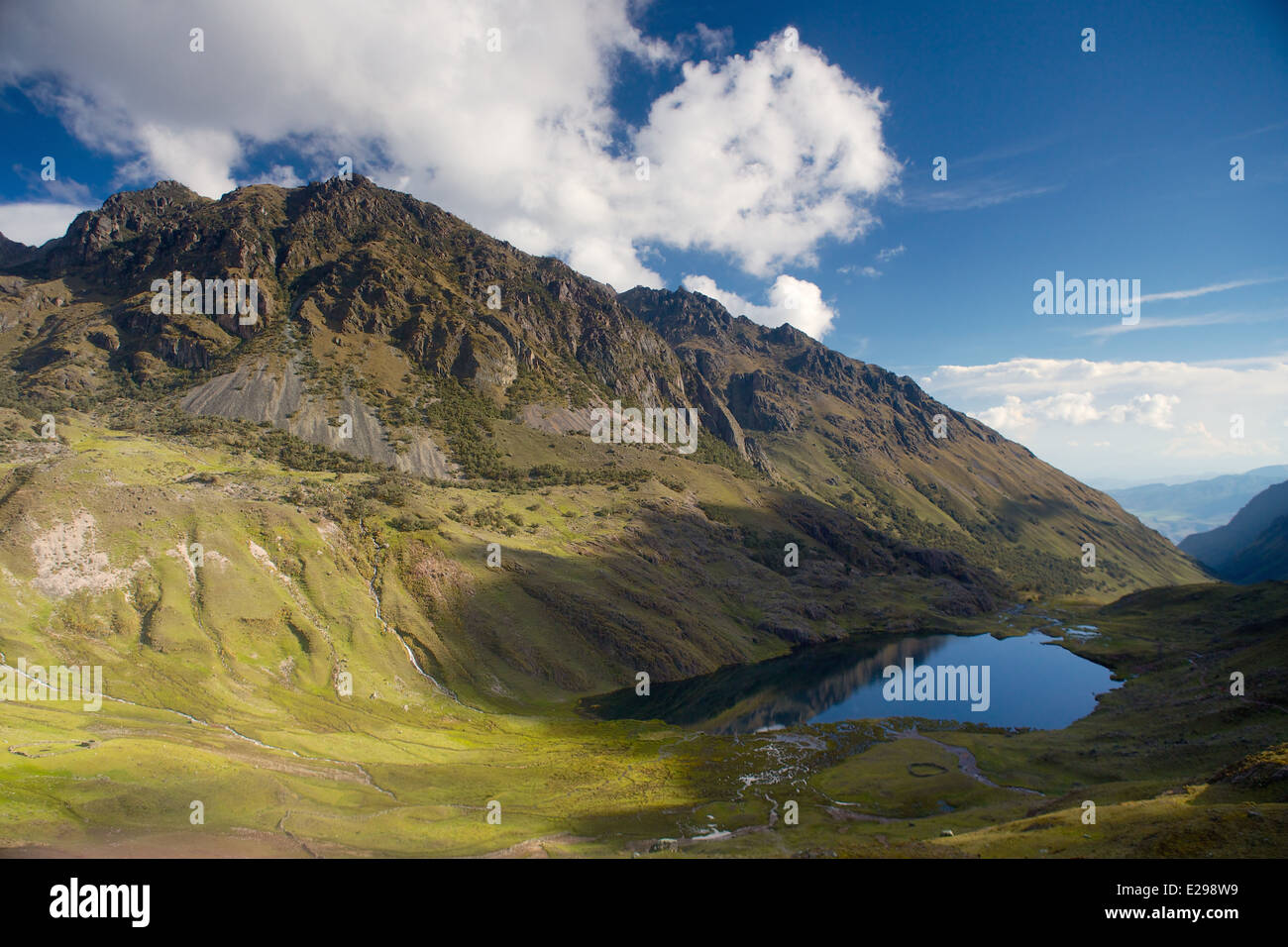 A vista of an alpine lake in the Lares Valley high in the Andes in Peru ...