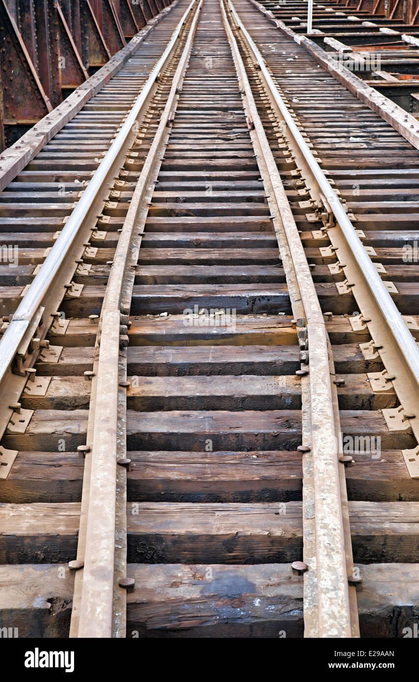 A set of railroad tracks leading into the distance over a rusty bridge ...
