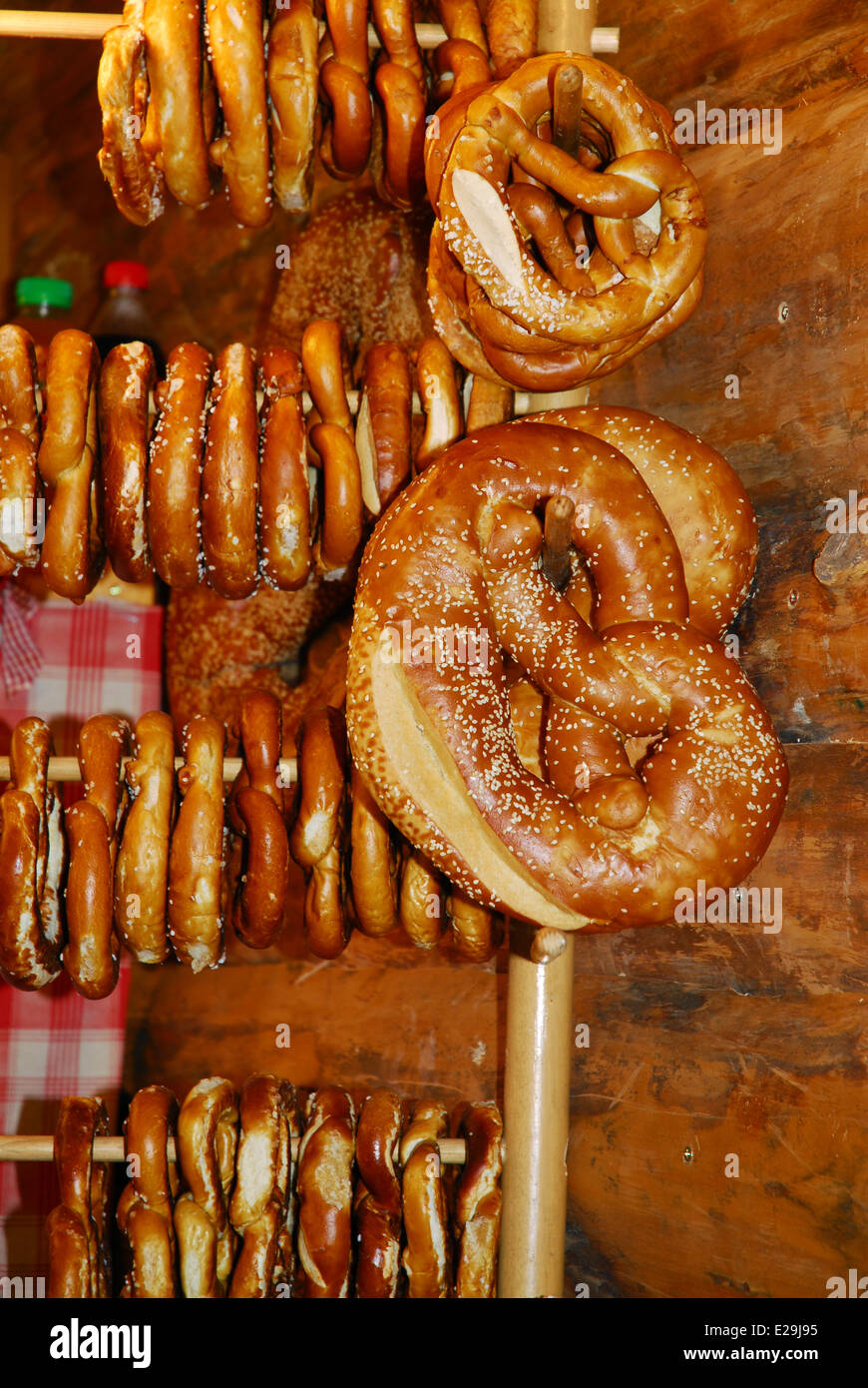 Pretzels on display in a Christmas market stall in Colmar, Alsace ...