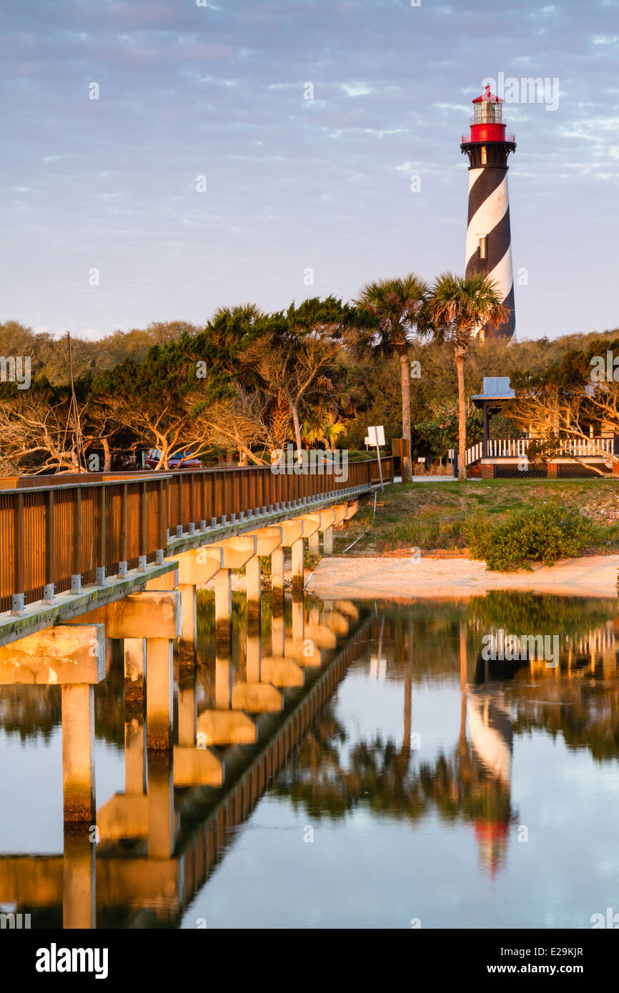 St. Augustine Lighthouse reflecting on the bay during the early morning in St. Augustine in ...