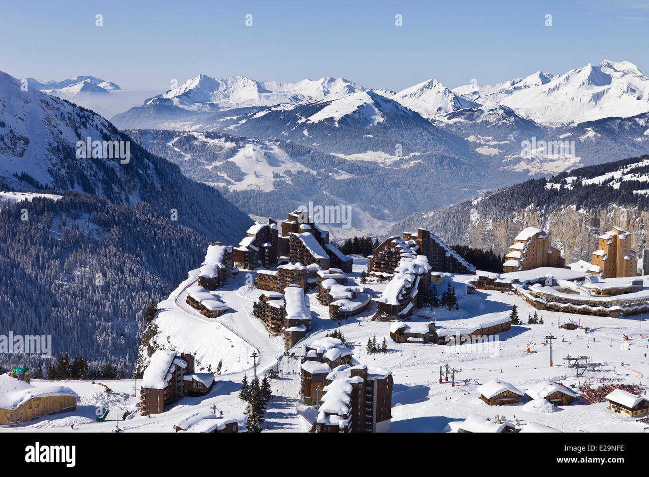 France, Haute Savoie, Avoriaz with a view of Morzine and the Roc d ...