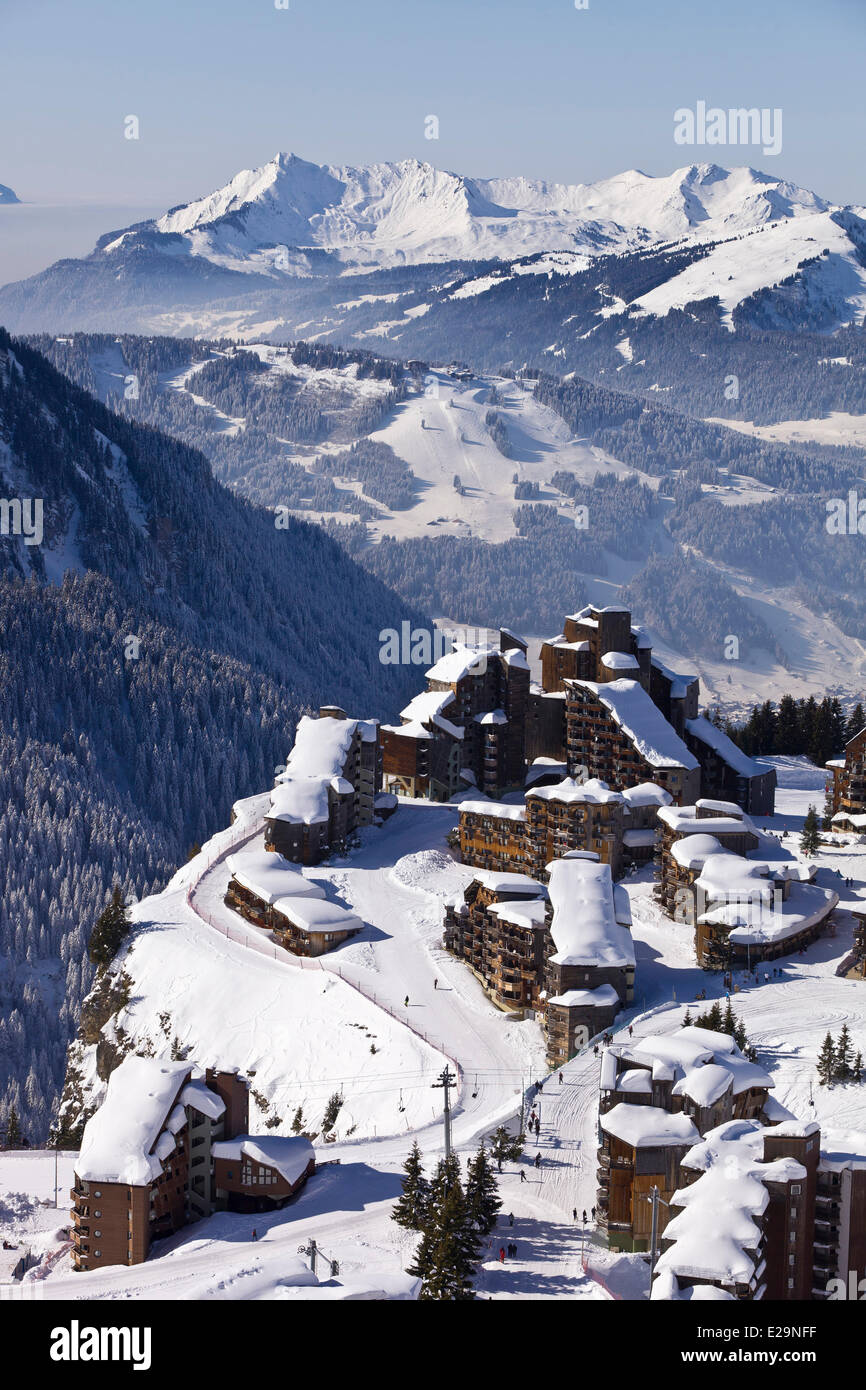 France, Haute Savoie, Avoriaz with a view of Morzine and the Roc d ...