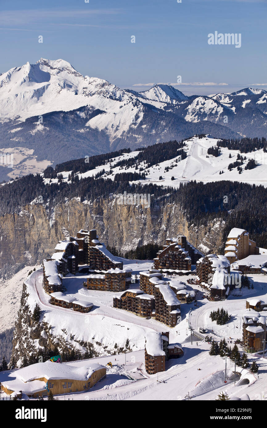 France, Haute Savoie, Avoriaz with a view of Morzine and the Roc d ...