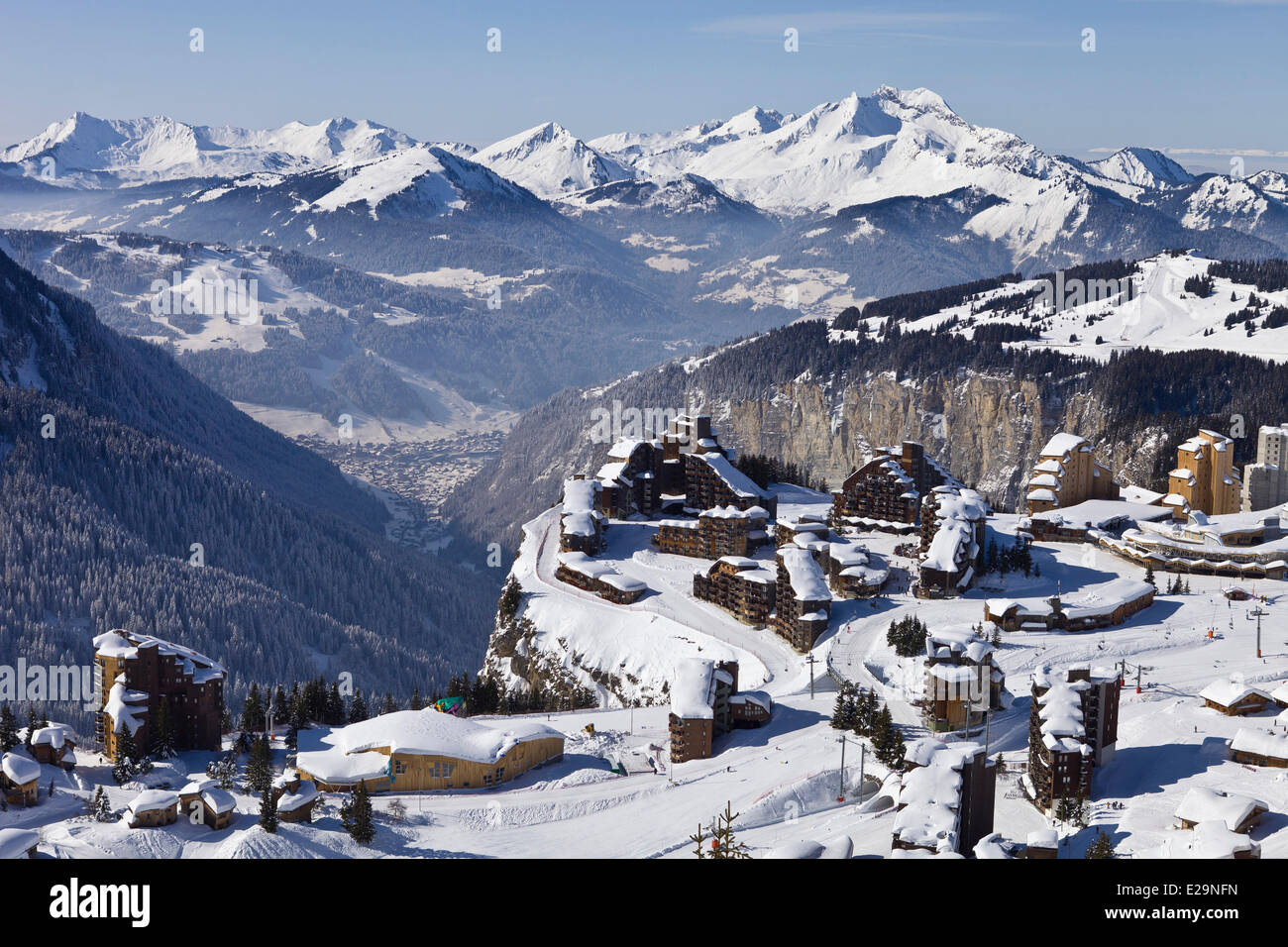 France, Haute Savoie, Avoriaz with a view of Morzine and the Roc d ...